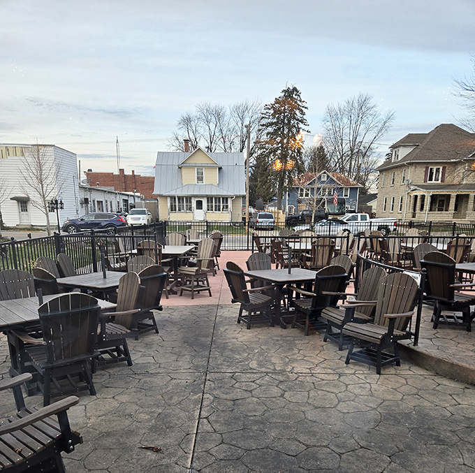 Patio seating with a view of small-town America. Where dinner and a sunset come together without either trying too hard.