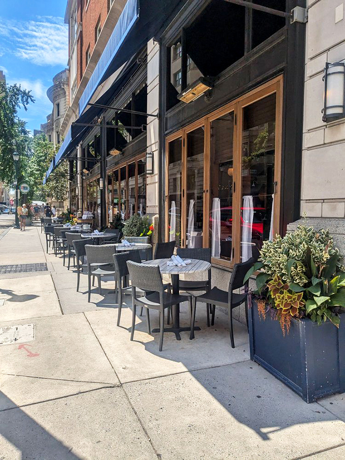 Sidewalk dining that lets you soak up Philadelphia's energy while plants in navy planters create your own private urban oasis.