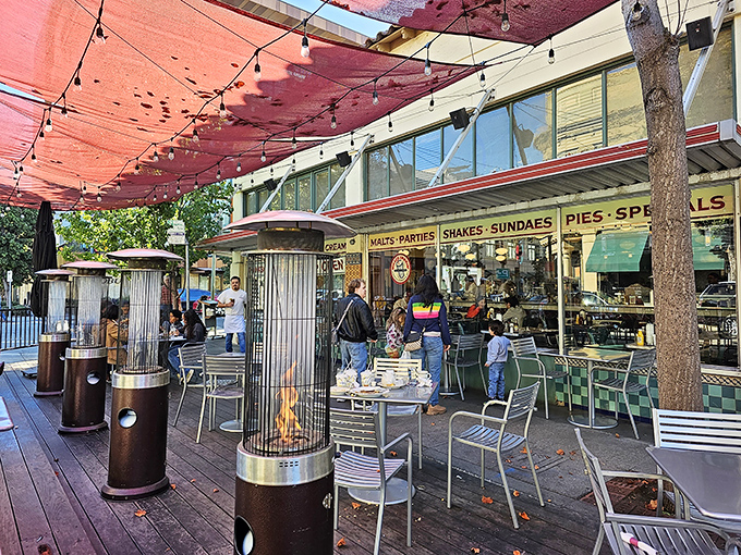 Outdoor patio dining under string lights creates the perfect California setting for memorable meals together.