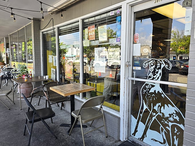 Even the outdoor seating has personality. That dog silhouette on the door seems to say, "Yes, this place is good enough to guard."