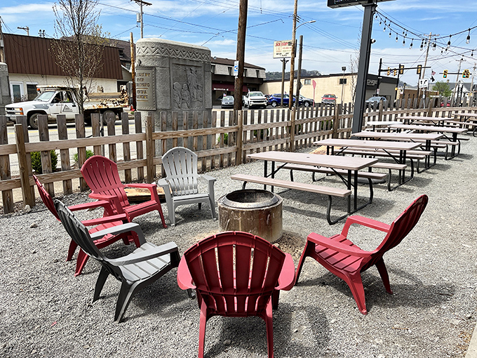 The outdoor seating area, with its fire pit centerpiece, feels like the backyard barbecue you wish you could host if you had the skills.