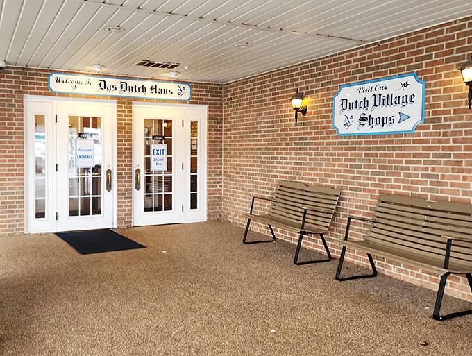 A welcoming entrance with benches that invite you to sit a spell&mdash;Amish-inspired hospitality begins before you even step inside.