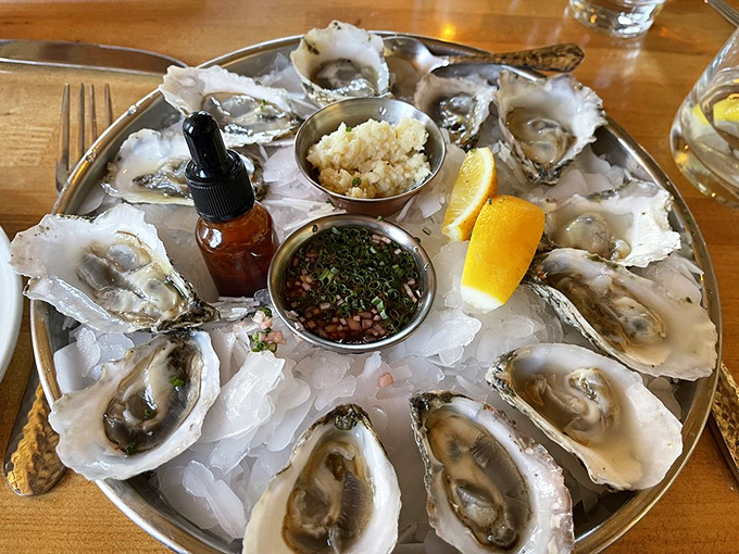 Oysters arranged like jewels on ice – briny treasures from the deep that taste like kissing the sea. Just add mignonette and prepare for bliss.