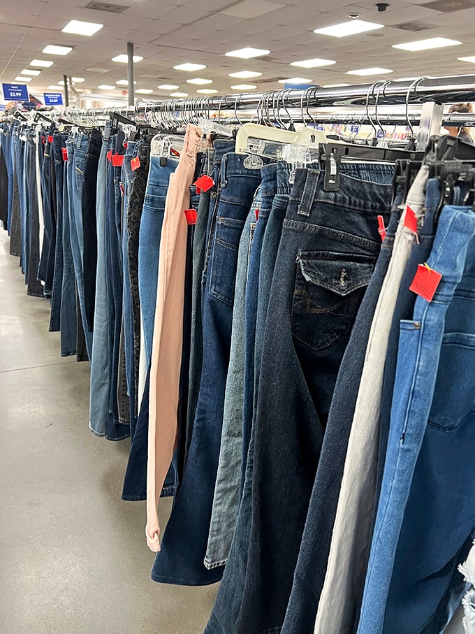 Denim democracy in action – jeans of every cut, wash, and era hang together, proving good style is timeless and shouldn't cost a week's salary.