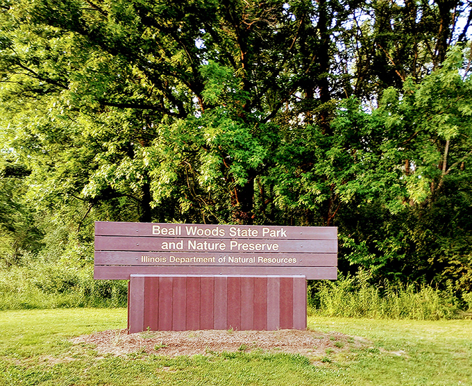 The park's entrance sign stands like a humble introduction to greatness &ndash; no flashy billboards needed when the trees speak for themselves.