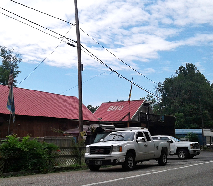 From the road, that red roof and BBQ sign works better than any GPS. Your stomach knows exactly where to turn.