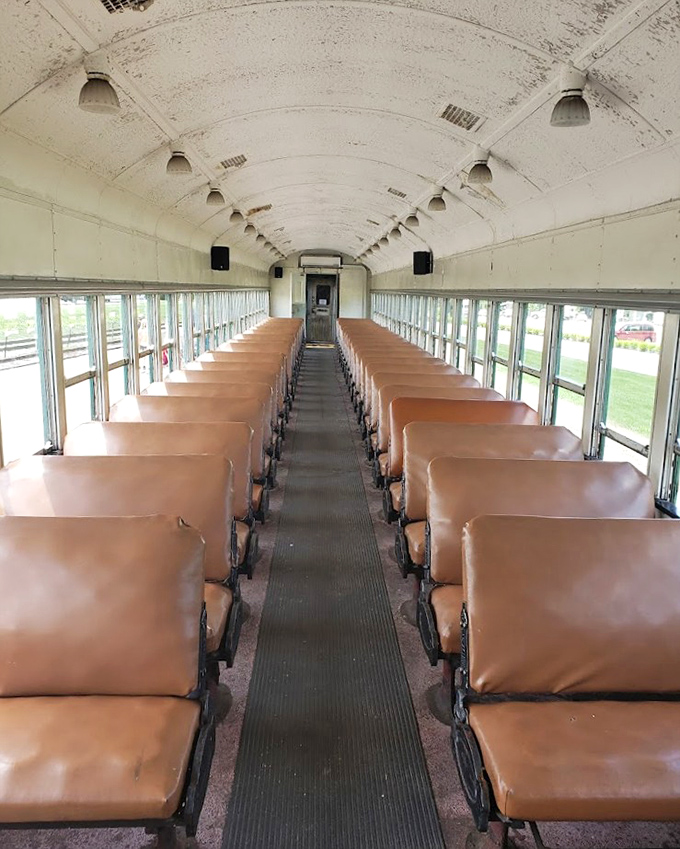 Another view of the passenger coach reveals the simple comfort that awaited travelers in the mid-20th century&mdash;practical, durable, and surprisingly inviting.