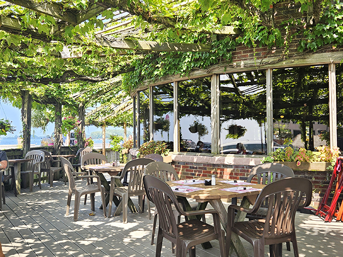 Dining under a canopy of vines with lake breezes&mdash;nature's air conditioning paired with a side of spectacular views.