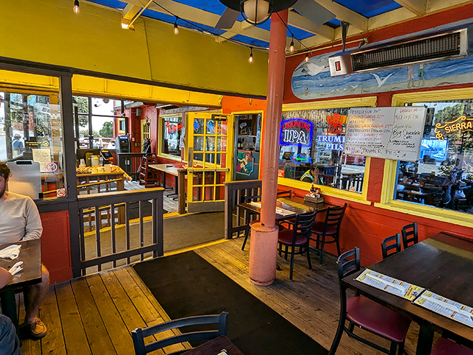 The covered patio offers a splash of color and the perfect perch for people-watching between bites of perfectly prepared seafood.