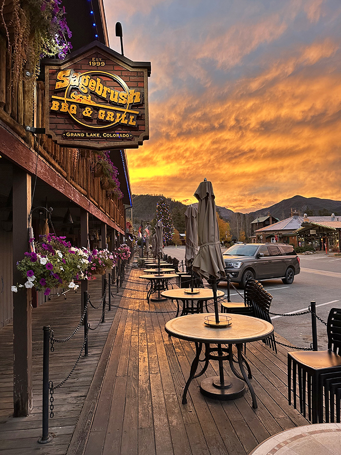 Sunset transforms the patio into nature's dining room, where every table offers front-row seats to Colorado's nightly sky show.