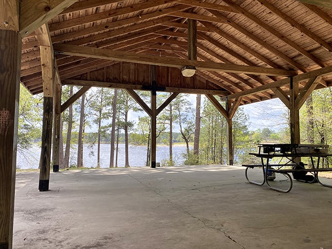 This pavilion transforms ordinary family gatherings into memory-making headquarters, with lake views that make even your uncle's long stories seem interesting.