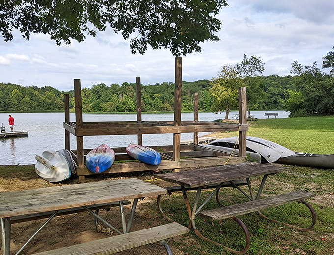 Kayaks resting between adventures at the lake's edge, patiently waiting for their next journey across Hargus Lake's glassy surface.