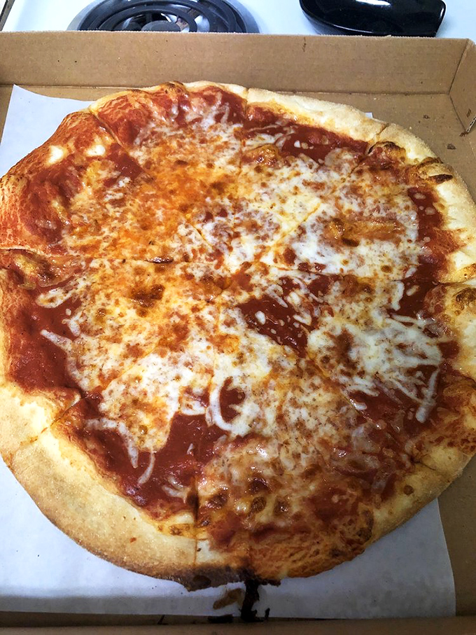 The classic cheese pizza in its natural habitat&mdash;a cardboard box throne. Simple, unpretentious, and absolutely perfect.
