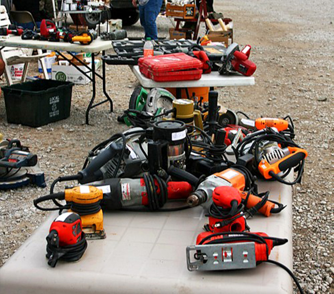 Power tool paradise for the handy shopper. Each orange and red machine holds potential for home projects and wallet-friendly repairs.