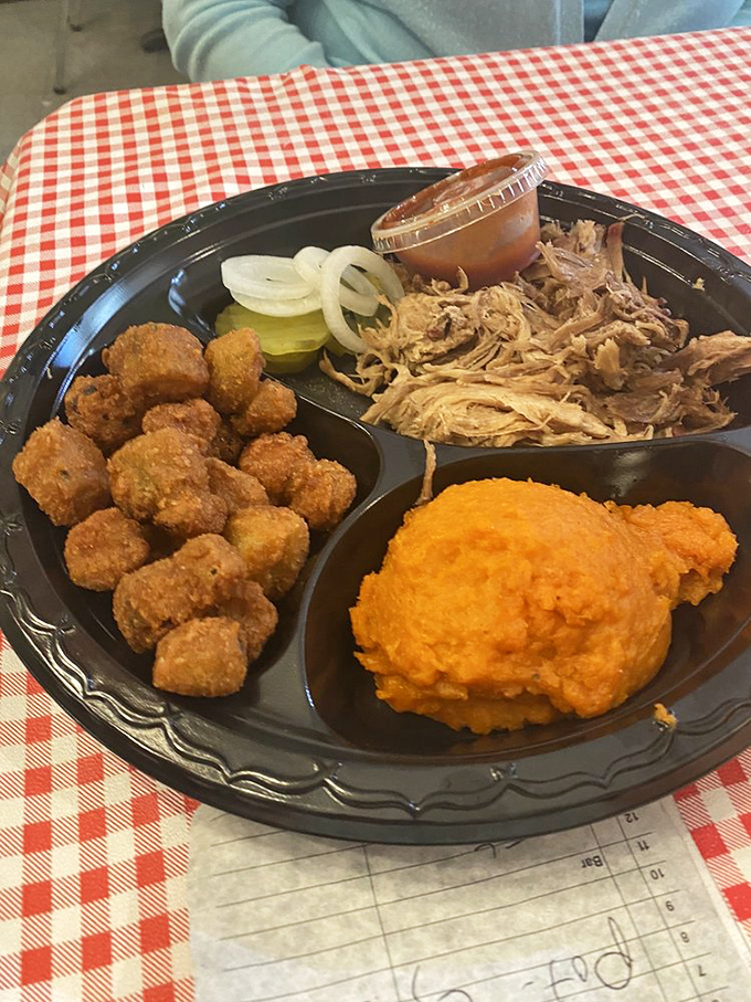 Pulled pork with all the fixings&mdash;including fried okra that's converted more Yankees to Southern cuisine than any other side dish in history.