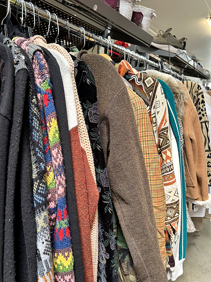 A textile tapestry of patterns and textures, this clothing rack showcases the beautiful diversity of fashion that passes through Goodwill's doors daily.