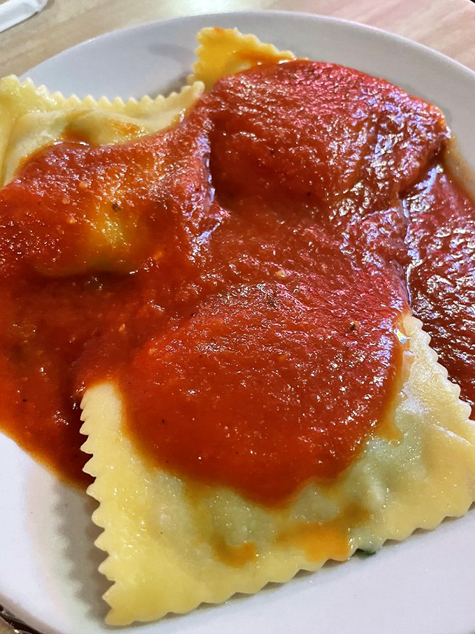 Pillowy ravioli bathed in bright tomato sauce—pasta pockets of joy that deliver a taste of Italy to rural Pennsylvania.