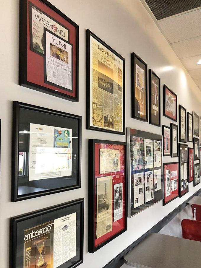 History hangs on these walls—press clippings and awards chronicle a lifetime of dedication to the perfect plate of Cincinnati-style chili.
