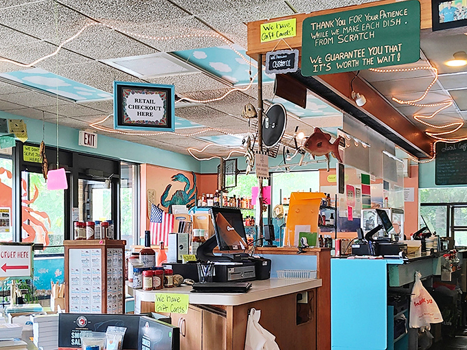 The sign says it all: "We guarantee you that it's worth the wait!" When food is made from scratch, patience becomes a virtue.