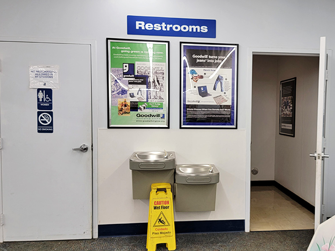 Even the restroom area reminds you of Goodwill's mission. Shopping with purpose makes those deals feel even sweeter.