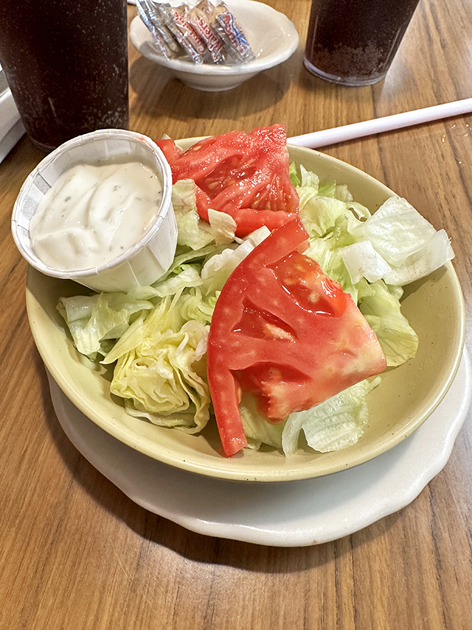 A simple house salad with ranch dressing &ndash; the palate cleanser that somehow tastes better in a place with history.