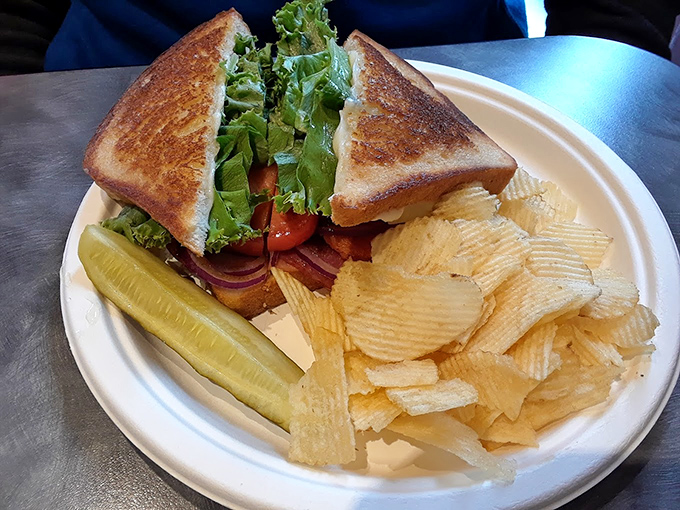 The perfect sandwich has structural integrity while still being squishable. This toasty creation, with its garden of greens peeking out, achieves that delicate balance beautifully.