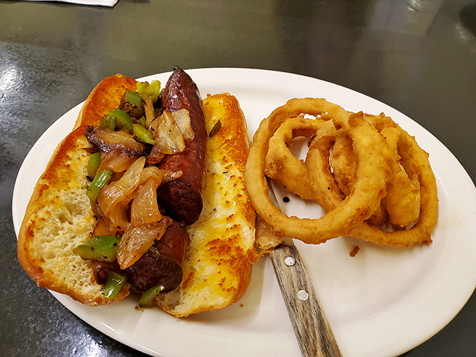 This sausage hoagie with grilled peppers and onions isn't just a sandwich&mdash;it's lunch with ambition and a side of perfectly golden rings.