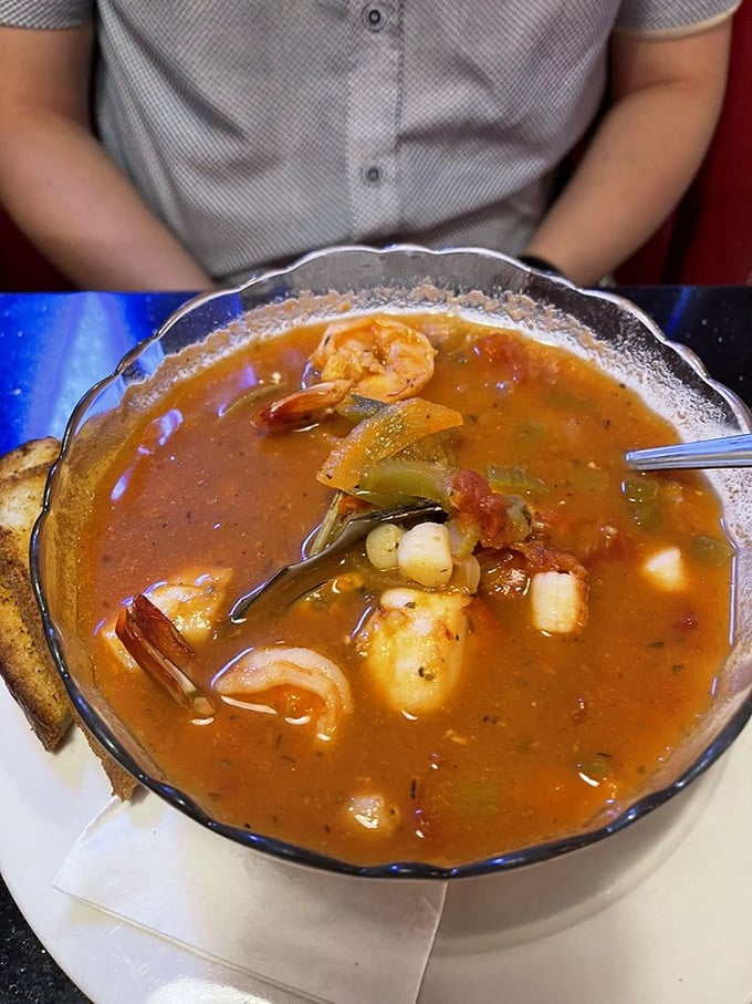 Seafood stew that could make a fisherman homesick. Each spoonful delivers a taste of the ocean in all its brothy, savory glory.