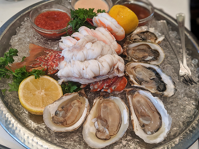 A seafood platter that makes landlocked diners forget they're miles from any coast. Those oysters are having their red carpet moment.