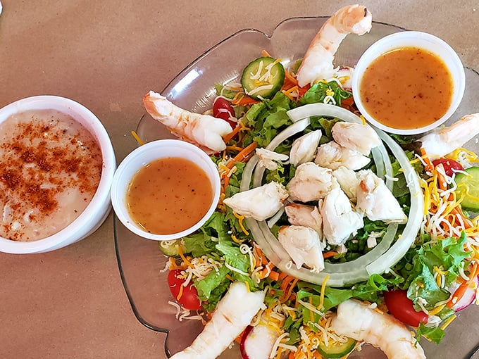 A seafood salad that makes eating greens feel like cheating. Those jumbo shrimp are the exclamation points in a delicious sentence.
