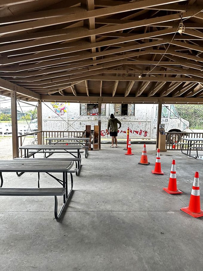 Social distancing, Hawaiian style. The covered picnic table area offers blessed shade while you contemplate ordering seconds (you will).