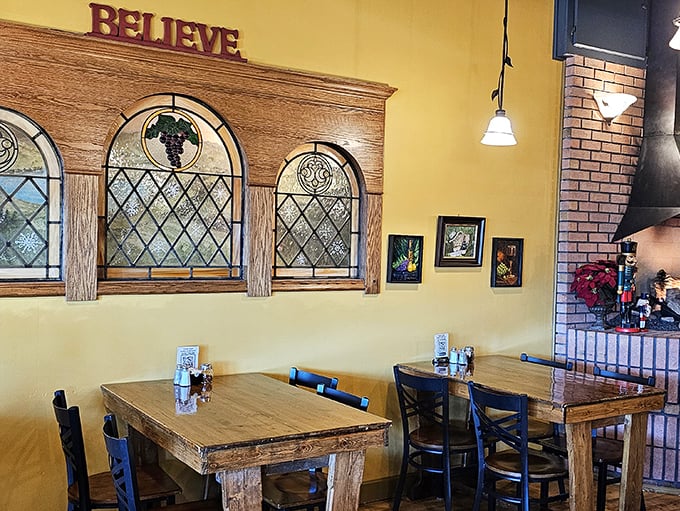 The "BELIEVE" sign says it all&mdash;this corner with stained glass windows feels like dining in a cozy sanctuary dedicated to good eating.