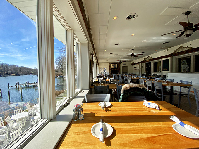 Window seats overlooking the water where boats bob peacefully and your biggest decision is dessert or another appetizer.