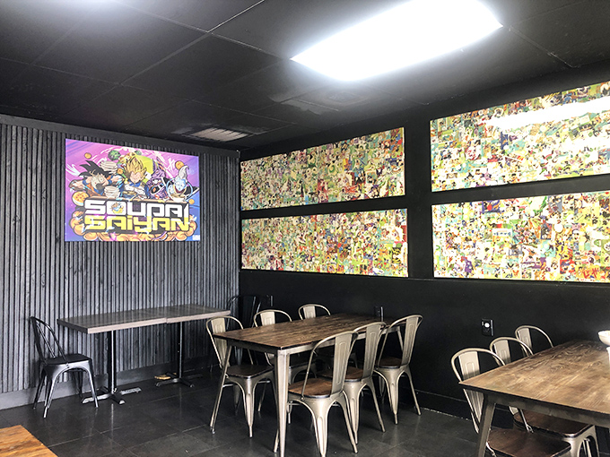 Modern industrial meets manga madness with collage walls that tell a thousand stories. The corrugated metal adds texture to this anime-lover's paradise.