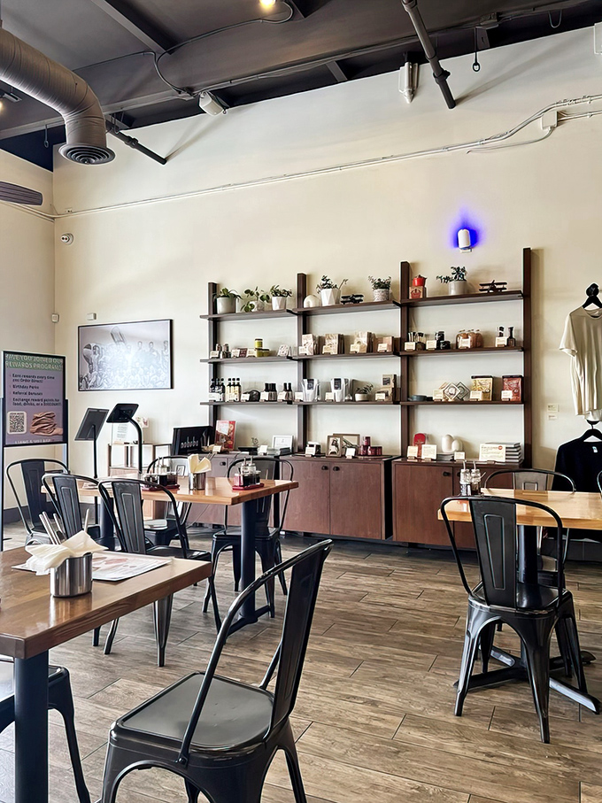 Modern minimalism meets practical comfort in this thoughtfully designed space where food, not frills, takes center stage.