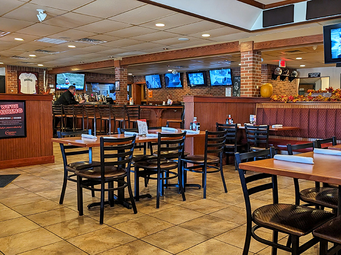 Interior design that says "come as you are." Warm wood tones and comfortable seating invite you to settle in for the long haul.