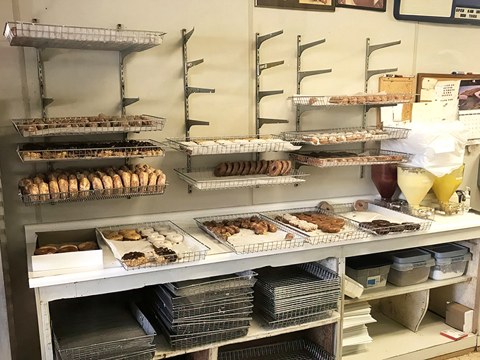Donut heaven exists, and it looks exactly like these shelves. Each wire basket cradles tomorrow's breakfast, today's indulgence, or tonight's secret car snack.