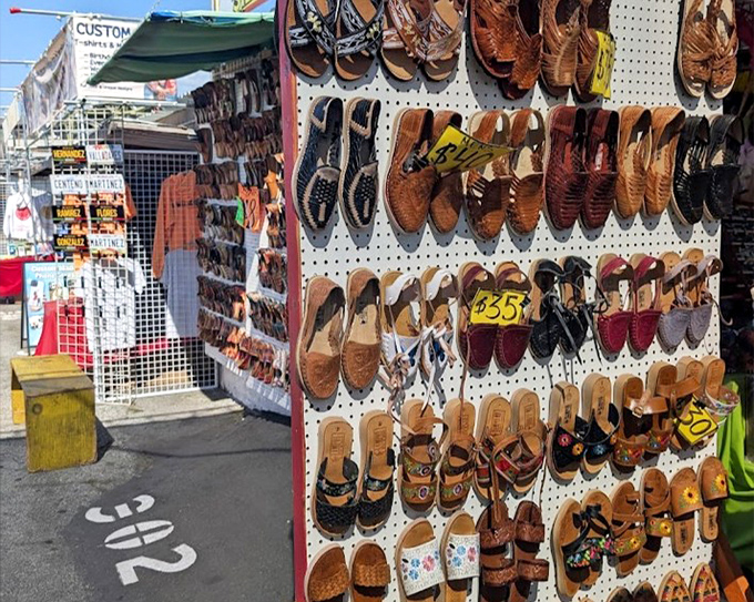 A wall of footwear possibilities that would make Imelda Marcos weep with joy. Every style, color, and size imaginable hangs in democratic display.