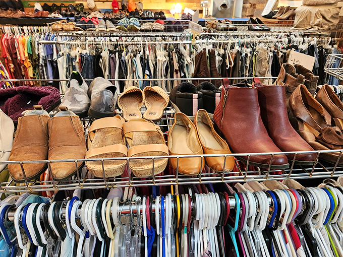 Shoes organized by size on wire racks, where finding your perfect pair doesn't require excavating through chaotic piles.