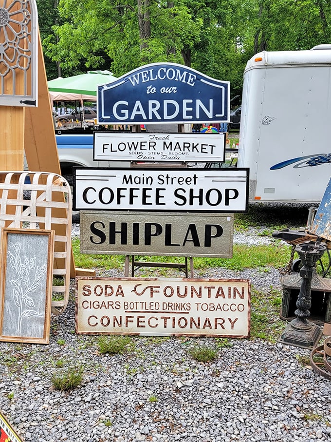 Vintage-inspired signs stack up memories of simpler times, when soda fountains and flower markets anchored small-town America.