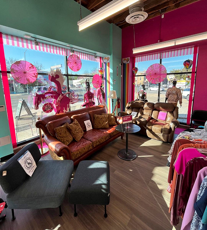 Sunlight streams through pink-accented windows, creating the perfect lounge area to contemplate your thrifting victories.