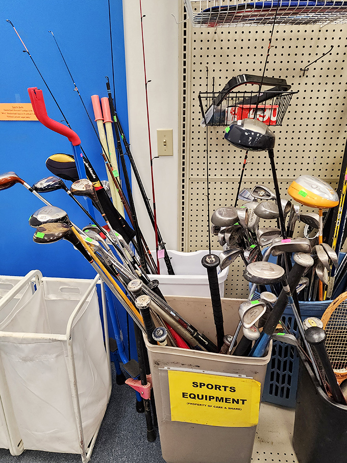 Golf clubs and fishing rods stand like retired athletes, waiting for their comeback tour in someone else's sporting life.