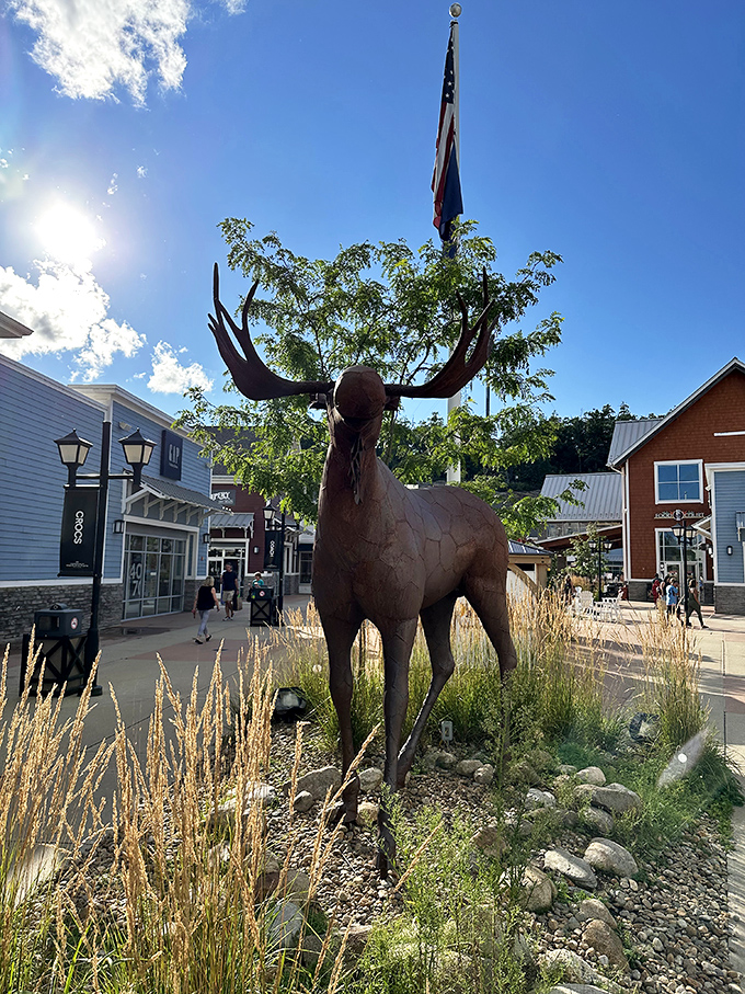This majestic moose statue stands as New Hampshire's shopping ambassador, silently judging those who leave without taking advantage of tax-free shopping.