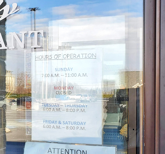 Hours posted with the confidence of a place that knows you'll be back. Tuesday through Saturday, they're ready to make your stomach smile.