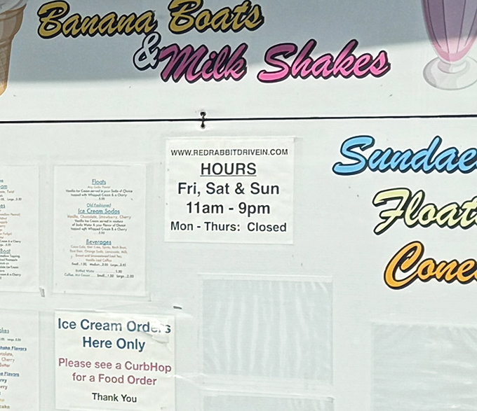 Hours posted like a gentle reminder that good things can't be rushed. The weekend-only schedule makes each visit feel like a special occasion.