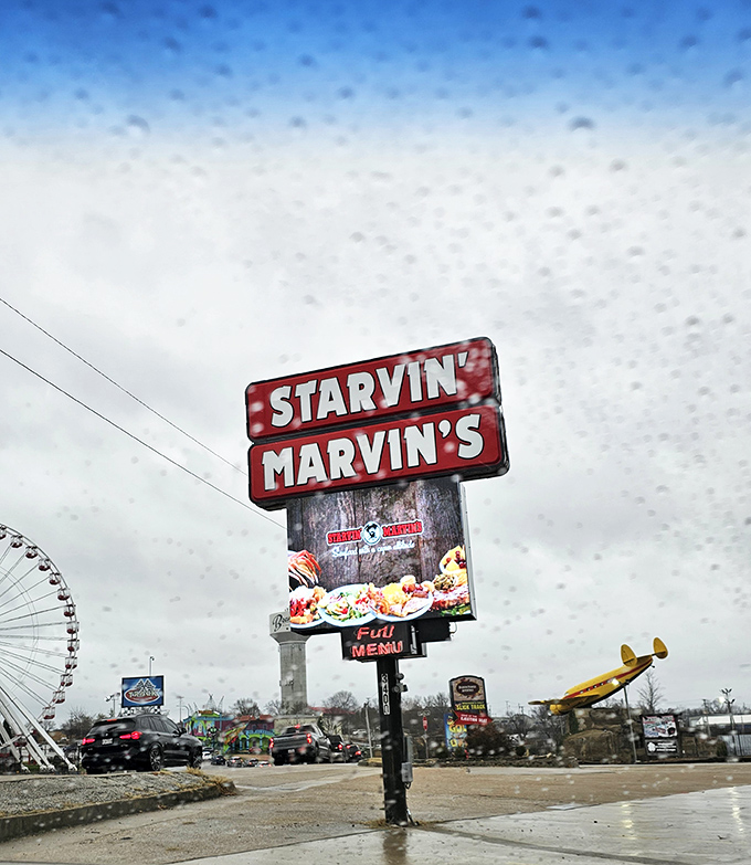 The iconic Starvin Marvin's sign stands tall against the Branson skyline, promising relief for rumbling tummies.