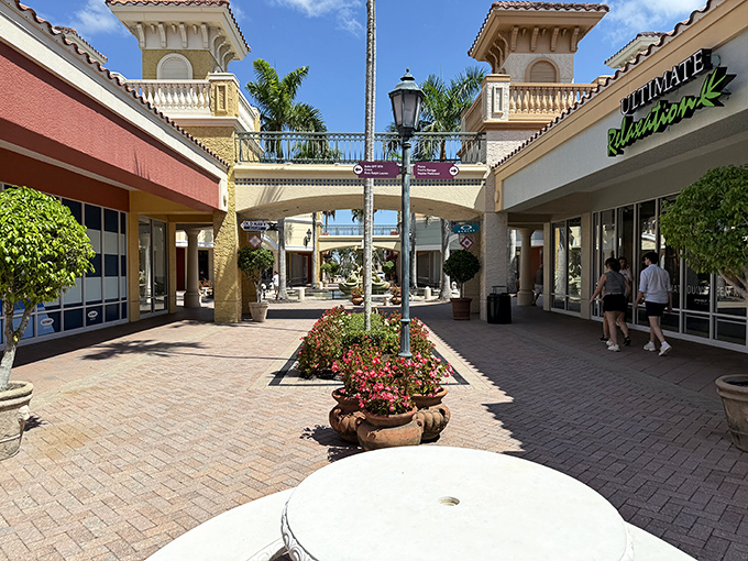 Breezy walkways lined with potted flowers create retail streets that feel more European village than American mall.