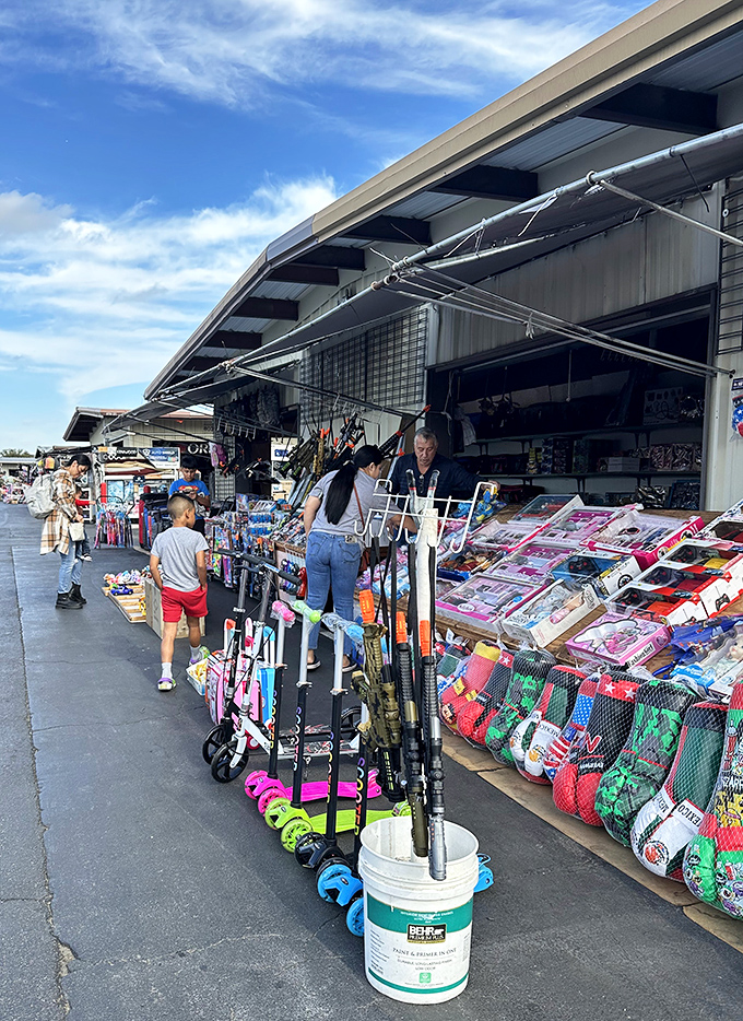 Toys and scooters line the walkway like a children's paradise, where parents' willpower faces its ultimate test against puppy-dog eyes.