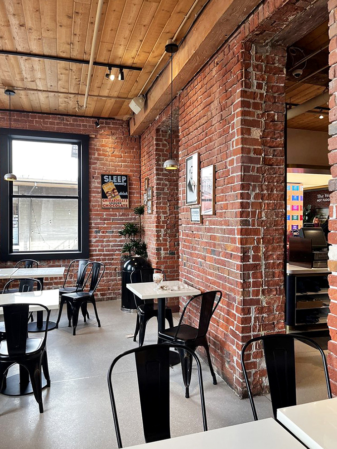 Exposed brick walls tell stories of San Francisco's past while modern tables invite you to create new chocolate memories.