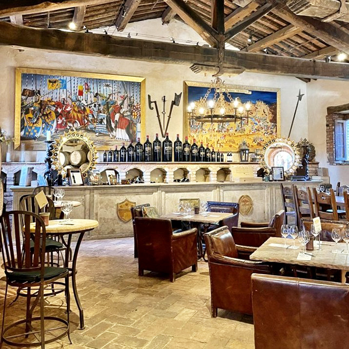 Rustic beams and medieval d&eacute;cor create the perfect ambiance for pretending you understand wine better than you actually do.